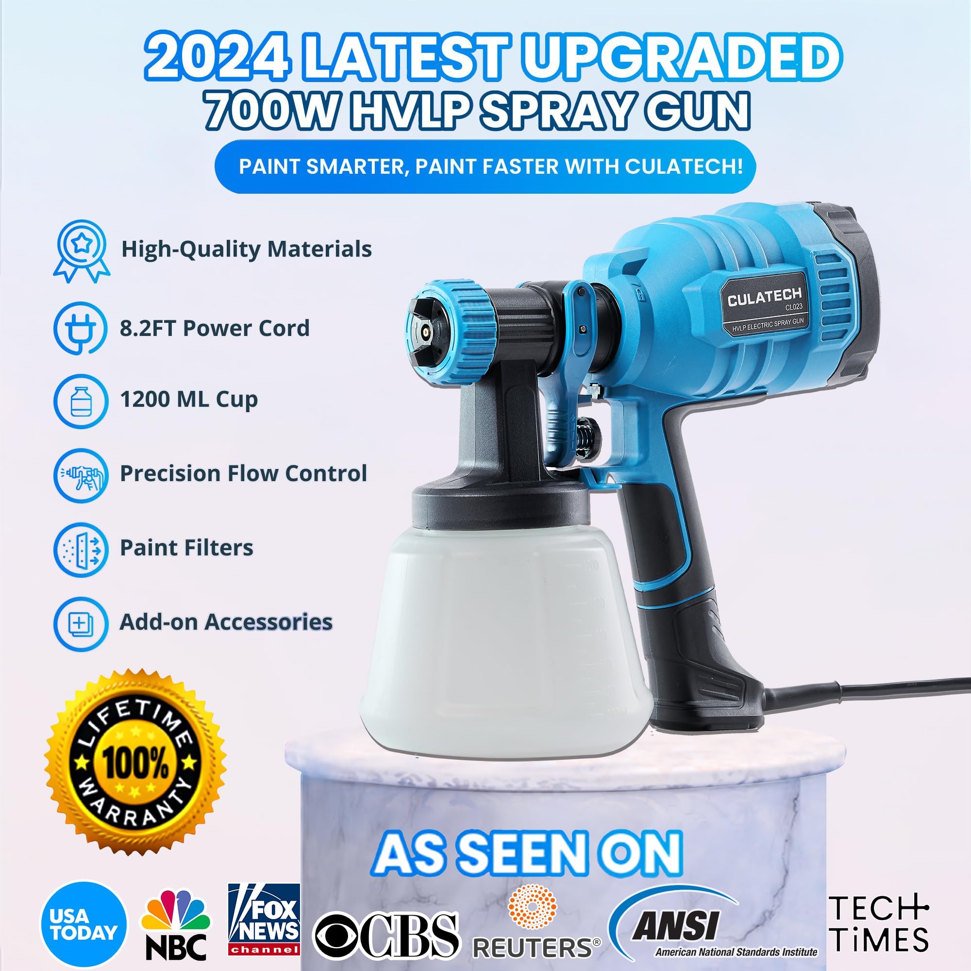 Paint Sprayer, 2024 Culatech 700W Upgraded HVLP Electric Paint Gun, with 6 Copper Nozzles, Long Power Cord, Paint Sprayers for Home Interior and Exterior, Furniture, Fence, Walls, DIY Works