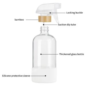 HOMBYS Empty Bamboo Glass Spray Bottles with Silicone Sleeve Protection - Refillable 17 oz Clear Glass Containers for Cleaning Solutions, Essential Oils, Misting Plants - Quality Sprayer - 1 PCS