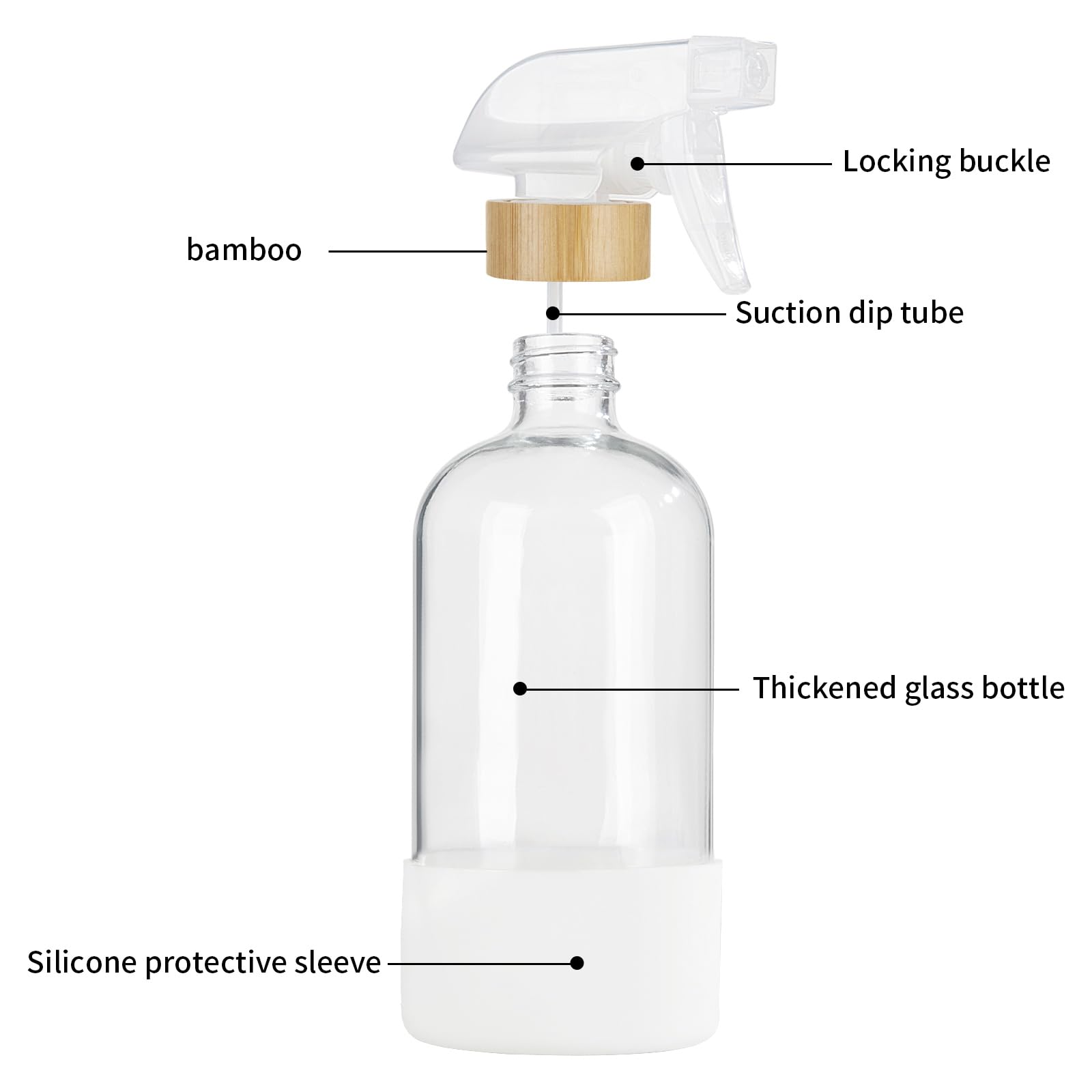 HOMBYS Empty Bamboo Glass Spray Bottles with Silicone Sleeve Protection - Refillable 17 oz Clear Glass Containers for Cleaning Solutions, Essential Oils, Misting Plants - Quality Sprayer - 1 PCS