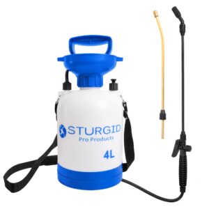 sturgid 82030 sprayer for lawns and gardens or cleaning decks, siding and concrete - 1.1 gallon (4l) with pressure release valve, sholder strap, and 2 wands (brass and plastic)