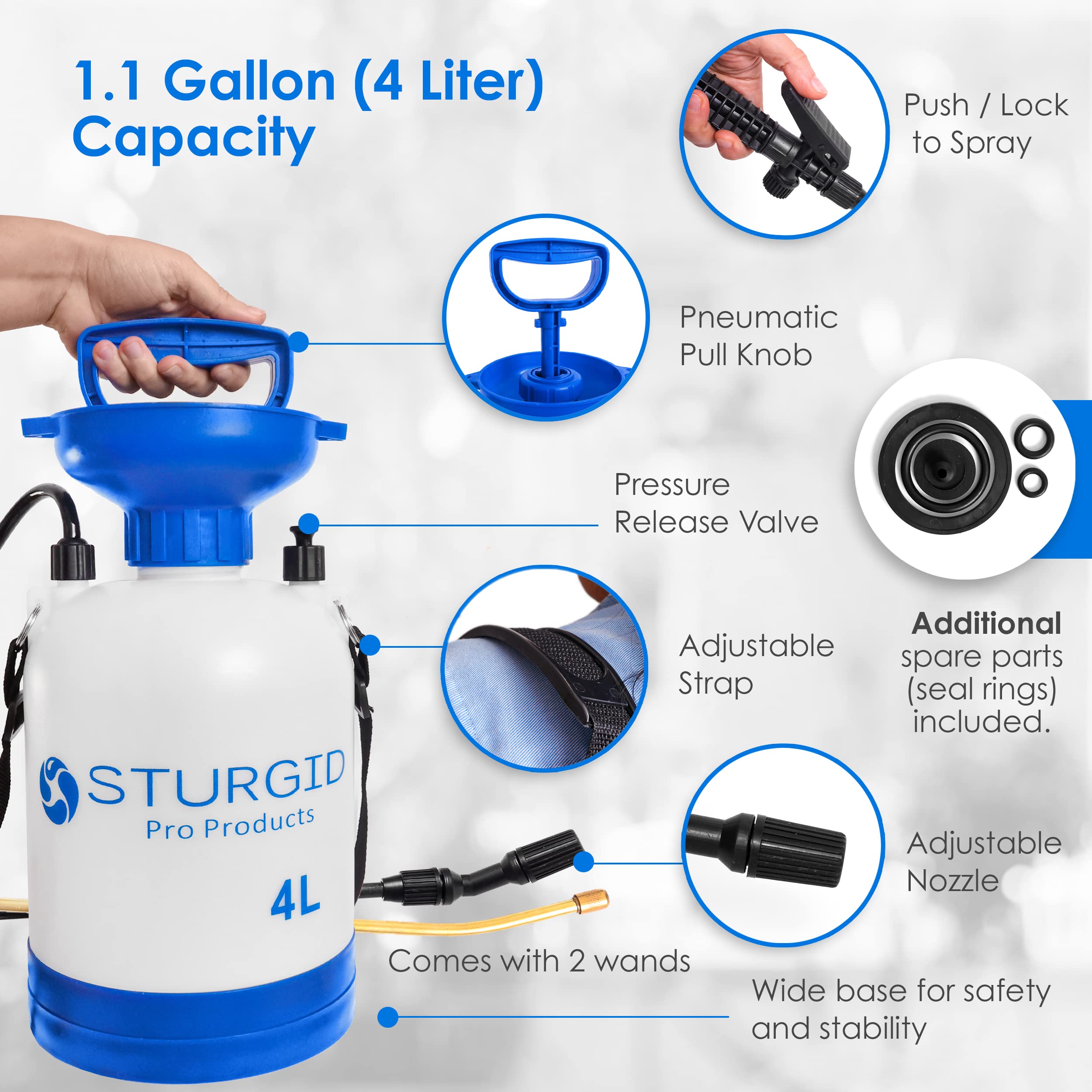 STURGID 82030 Sprayer for Lawns and Gardens or Cleaning Decks, Siding and Concrete - 1.1 Gallon (4L) with Pressure Release Valve, Sholder Strap, and 2 Wands (Brass and Plastic)