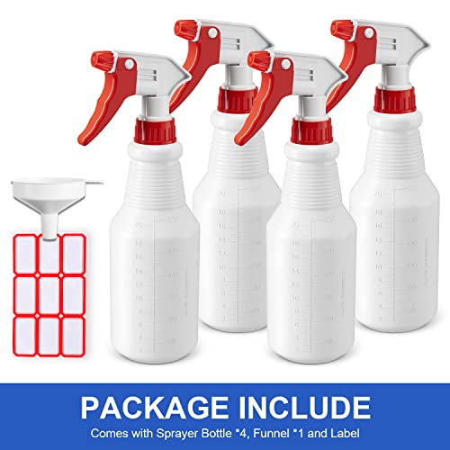 Bealee Spray Bottles (4 Pack, 24 Oz) Refillable Empty Plastic Water Spraying Bottle for Cleaning Solutions, Hair Spray, Car Detail, Watering Plants, Heavy Duty Mist Stream Sprayer with Measurement