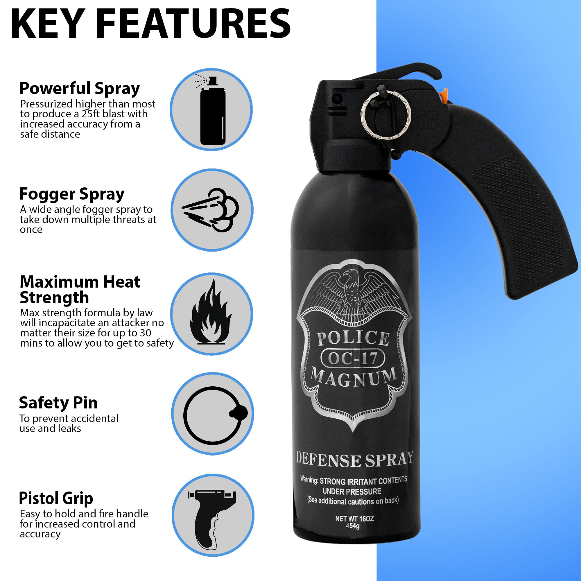 Police Magnum Large Pepper Spray Fogger- Home Defense Security- 25ft Range- Made in The USA- 1 Pack Pistol Grip (16oz)