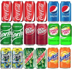 soft drink assortment variety: cola, pepsi, sprite, mountain dew, dr. pepper, brisk iced tea, canada dry ginger ale, sunkist - 12 fl oz cans (18 pack) soda, pop restock kit