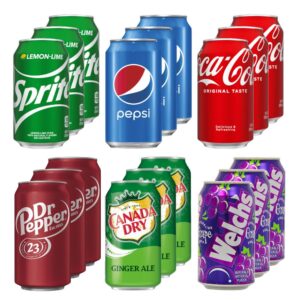 soda variety pack of 18 assortment of 6 flavor variety soft drink cola, pepsi, dr. pepper, canada dry, sprite, welch, 12 floz. cans (18 pack)