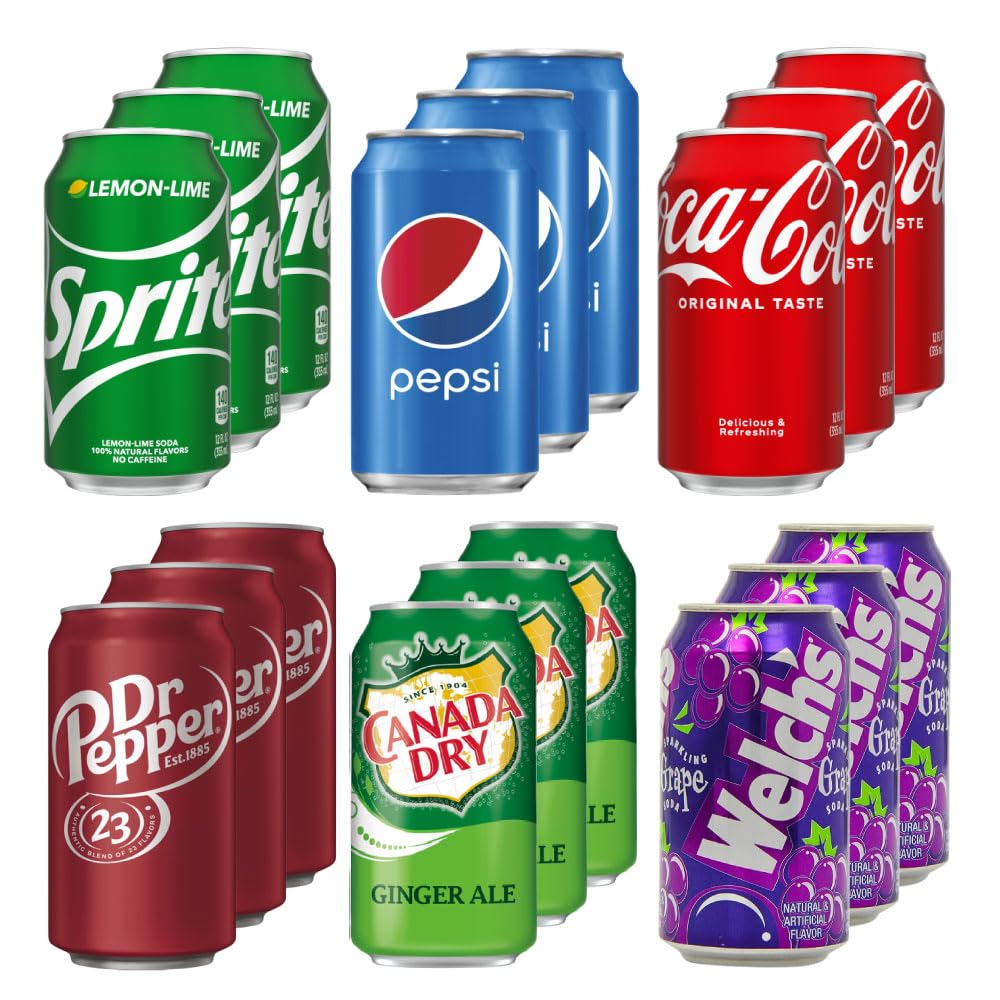 Soda Variety Pack of 18 Assortment of 6 Flavor Variety Soft Drink Cola, Pepsi, Dr. Pepper, Canada Dry, Sprite, Welch, 12 FLoz. cans (18 Pack)