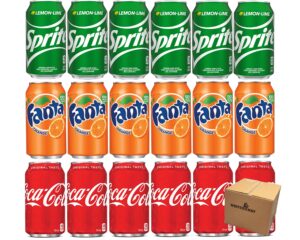 18 cans of variety soda pop, 6 coca cola, 6 sprite, 6 fanta, 12 fl oz total 18 cans