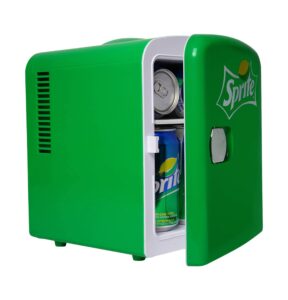 coca-cola sprite 4l portable cooler/warmer, compact personal travel fridge for snacks lunch drinks cosmetics, includes 12v and ac cords,desk accessory for home office dorm travel, green