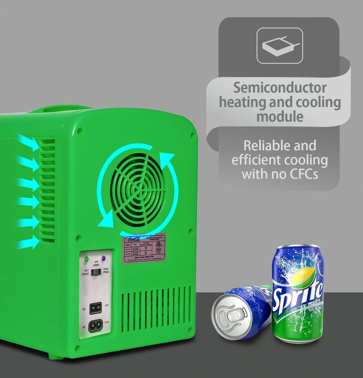 Coca-Cola Sprite 4L Portable Cooler/Warmer, Compact Personal Travel Fridge for Snacks Lunch Drinks Cosmetics, Includes 12V and AC Cords,Desk Accessory for Home Office Dorm Travel, Green