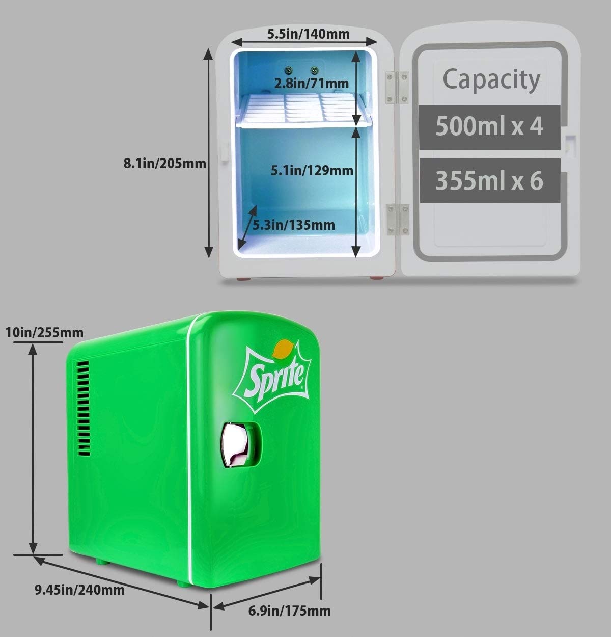 Coca-Cola Sprite 4L Portable Cooler/Warmer, Compact Personal Travel Fridge for Snacks Lunch Drinks Cosmetics, Includes 12V and AC Cords,Desk Accessory for Home Office Dorm Travel, Green