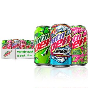 mountain dew 3 flavor major melon variety pack (major melon, spark (rasp lemonade), and original dew), 12 fl oz (pack of 18)