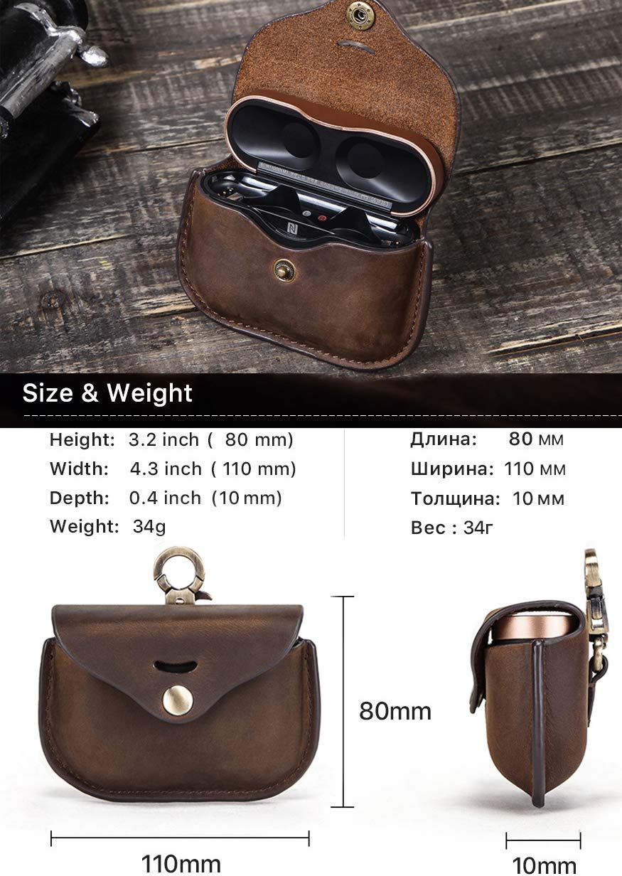 for wf-1000xm3 Case, Personalized wf-1000xm3 Leather case with Carabiner, Genuine Leather Protective Case Cover Shockproof for So-ny WF-1000xm3 Case Wireless Charging Case (Blank, Coffee)