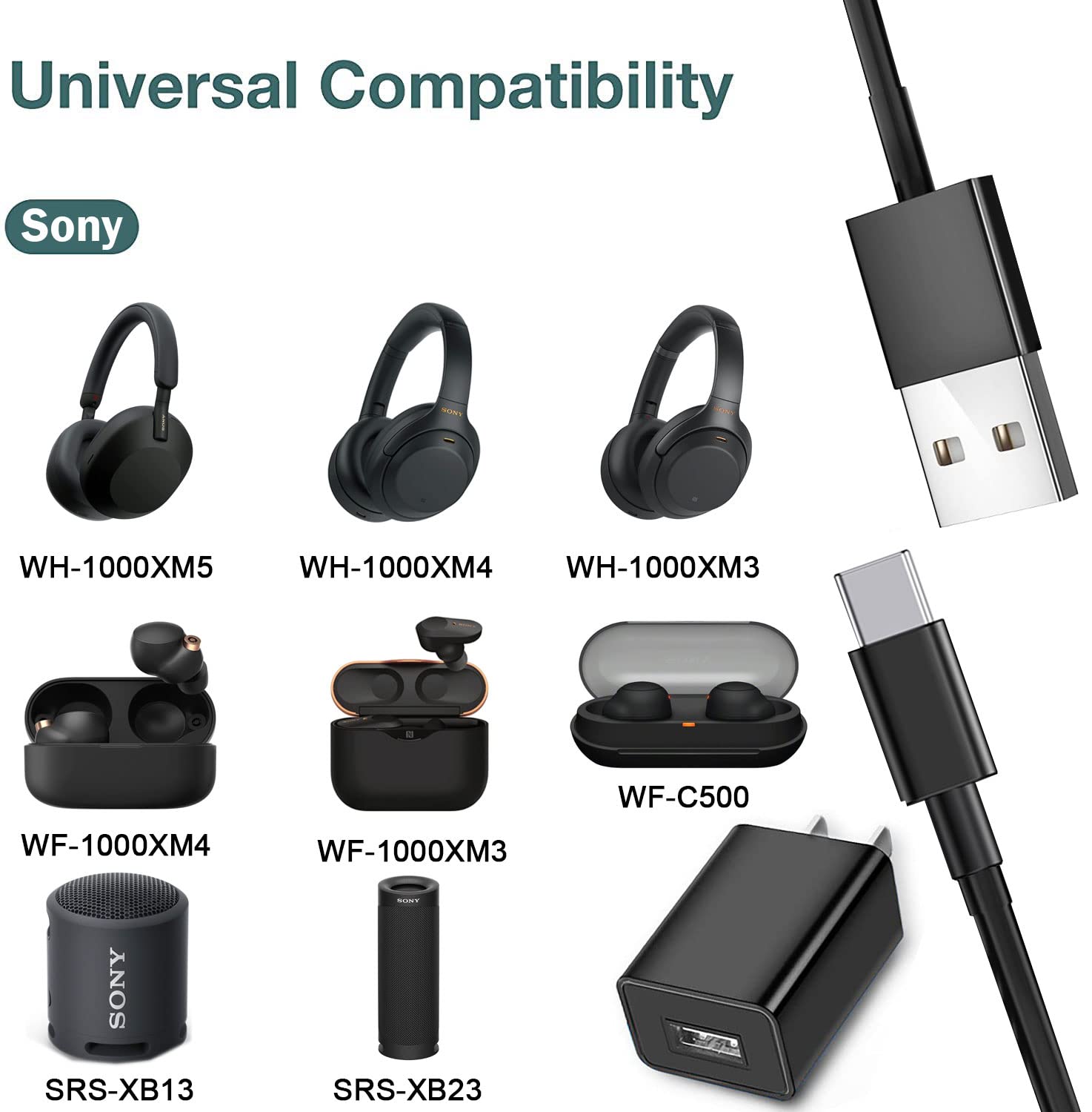 Charger Cable for Sony WH-1000XM5 1000XM4 1000XM3, WHCH710N, H910N WF-1000XM4 1000XM3, C500 WI-1000XM2 C200 XB400 SRS-XB13 XB23 Portable Speaker Earbud 5V AC Adapter USB C Headphones Charging Cord