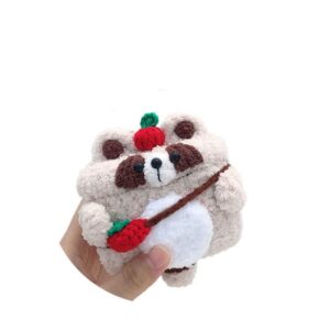 cute hand made knit fur fluffy raccoon case animal plush doll carrying protect case cover compatible with sony wf-1000xm3 wireless earbud cartoon headphones cover girls boys best gift