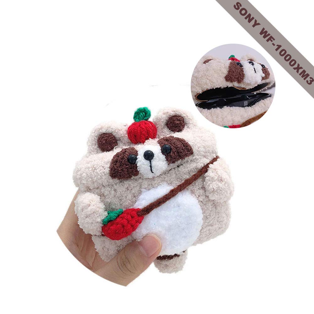 Cute Hand Made Knit Fur Fluffy Raccoon Case Animal Plush Doll Carrying Protect Case Cover Compatible with Sony WF-1000XM3 Wireless Earbud Cartoon Headphones Cover Girls Boys Best Gift