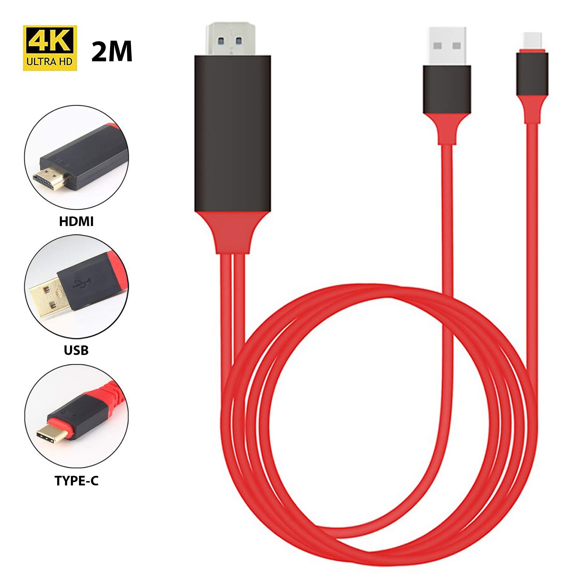 Tek Styz Powered USB-C 4k HDMI Cable Compatible with Sony WF-1000XM3 Plus USB Charging at Max 2160p@60Hz, 6Ft/2M Cable [Red, Thunderbolt 3]