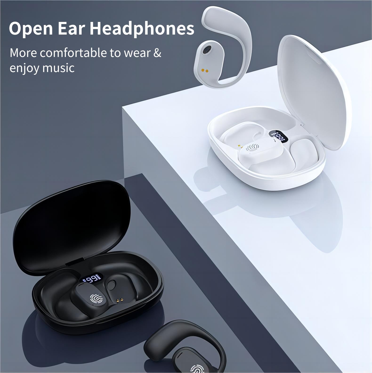 Open Ear Headphones, Wireless Earbuds Bluetooth 5.3 Headphones LED Power Display Charging Case 40H Playtime Premium Sound True Wireless Earbuds Sports Headphones for Running,Cycling,Workouts - Black2