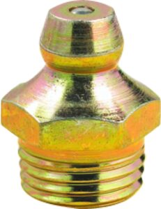 lumax lx-3313 gold/silver 10mm x 1mm taper metric thread straight 0.63" long grease fitting, (pack of 100). passivated finish for maximum protection from corrosion.