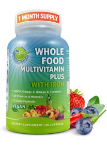 vegan whole food multivitamin with iron, daily multivitamin for women and men, made with fruits & vegetables, b-complex, probiotics, enzymes, coq10, omegas, turmeric, non-gmo, 90 count