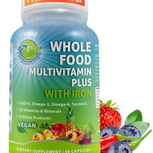 Vegan Whole Food Multivitamin with Iron, Daily Multivitamin for Women and Men, Made with Fruits & Vegetables, B-Complex, Probiotics, Enzymes, CoQ10, Omegas, Turmeric, Non-GMO, 90 Count