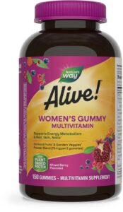 nature's way alive! women's daily gummy multivitamins, 16 vitamins & minerals, energy metabolism*, hair skin & nails*, vegetarian, mixed berry flavored, 150 gummies (packaging may vary)