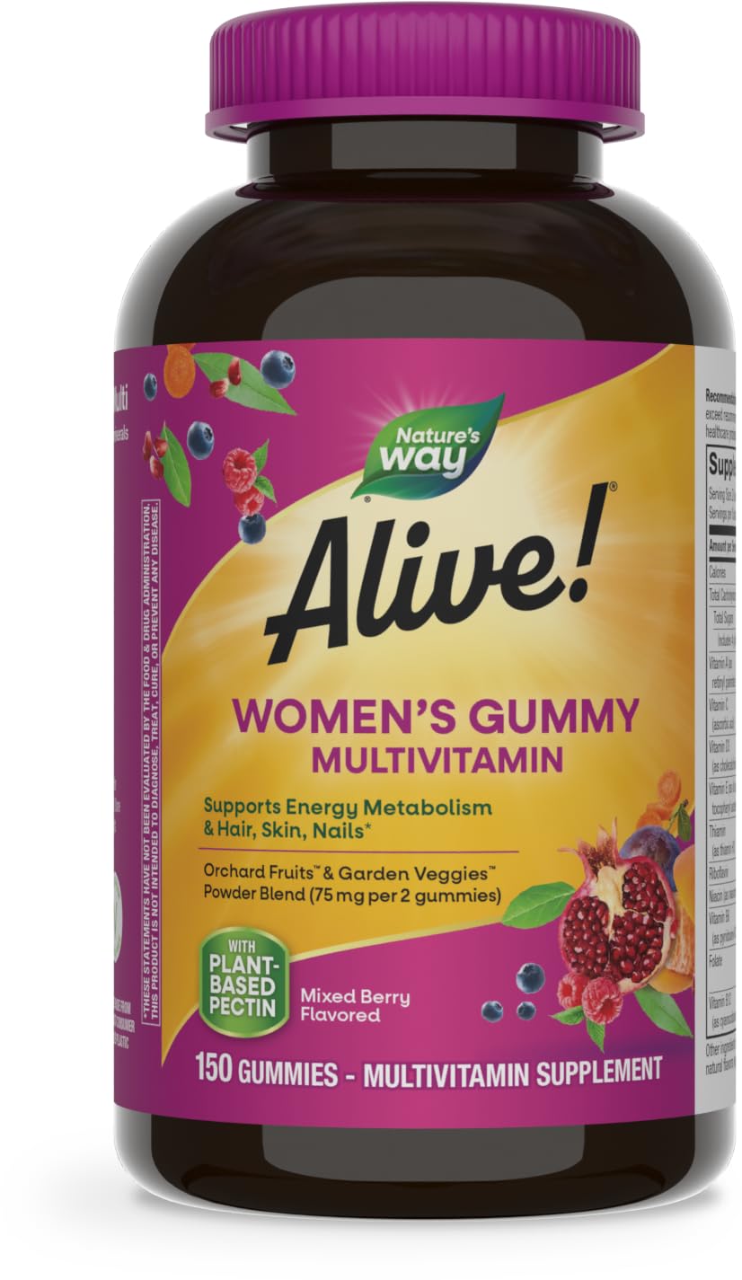 Nature's Way Alive! Women's Daily Gummy Multivitamins, 16 Vitamins & Minerals, Energy Metabolism*, Hair Skin & Nails*, Vegetarian, Mixed Berry Flavored, 150 Gummies (Packaging May Vary)