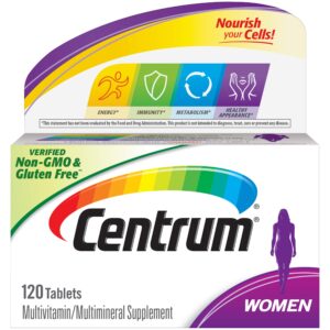 centrum multivitamin tablet for women, multivitamin/multimineral supplement with iron, vitamin d3, b vitamins and antioxidant vitamins c and e, gluten free, non-gmo ingredients - 120 count