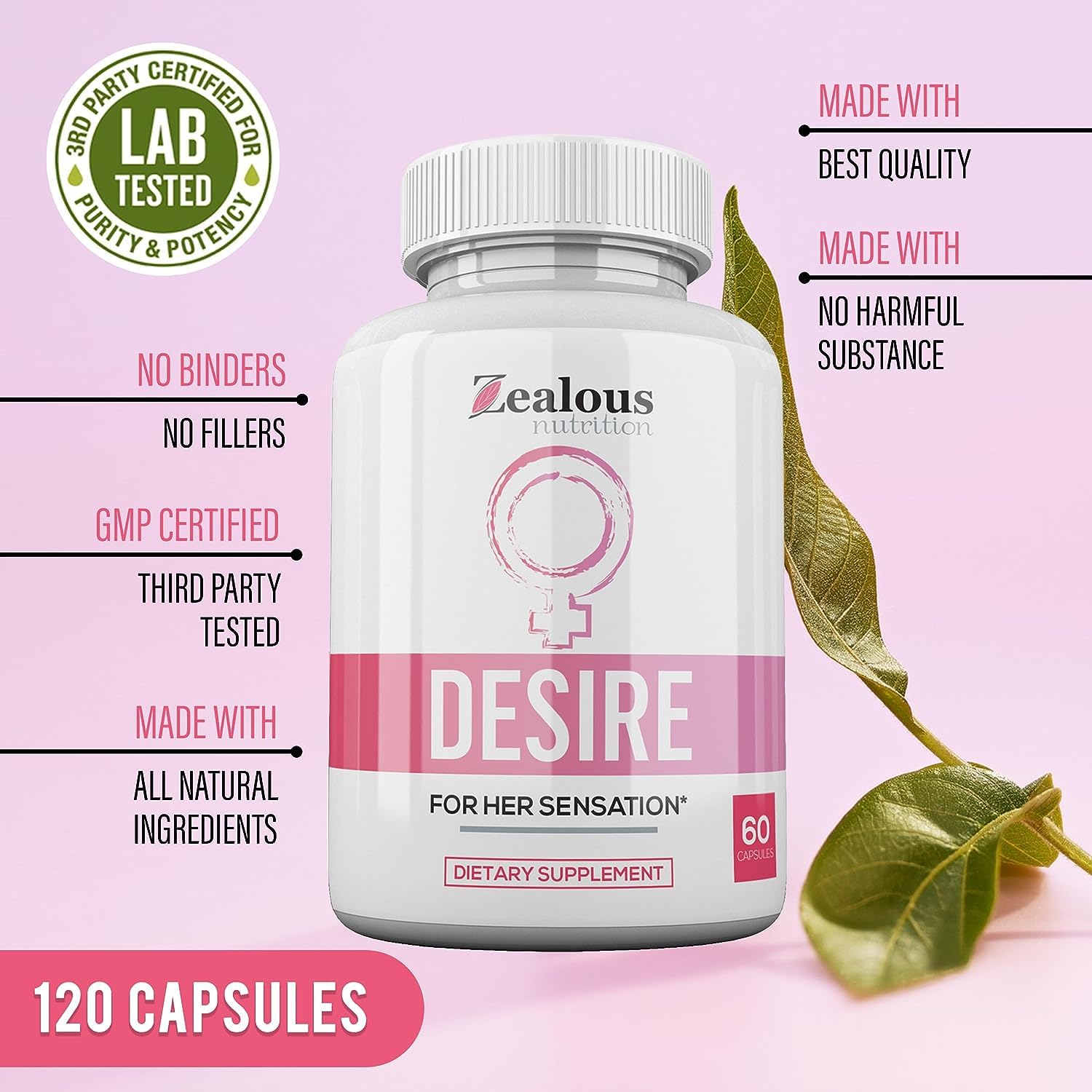 Zealous Nutrition Desire Female Enhancement Pills – 5X Natural Mood Booster for Women - Increase Energy, Vitality, PMS and Menopause Relief - Epimedium, Dong Quai, Ginseng, Ashwagandha (2 Pack)