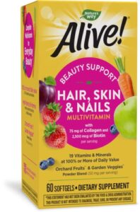 nature's way alive! hair, skin & nails multivitamin with biotin and collagen, 60 softgels