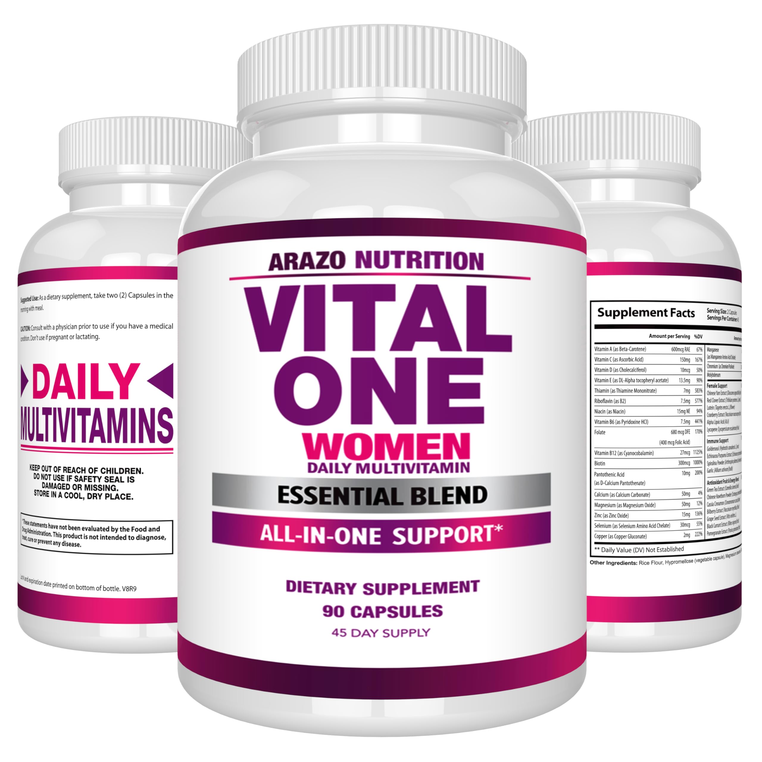 Arazo Nutrition Vital One Multivitamin for Women - Daily Wholefood Supplement - 90 Vegan Capsules