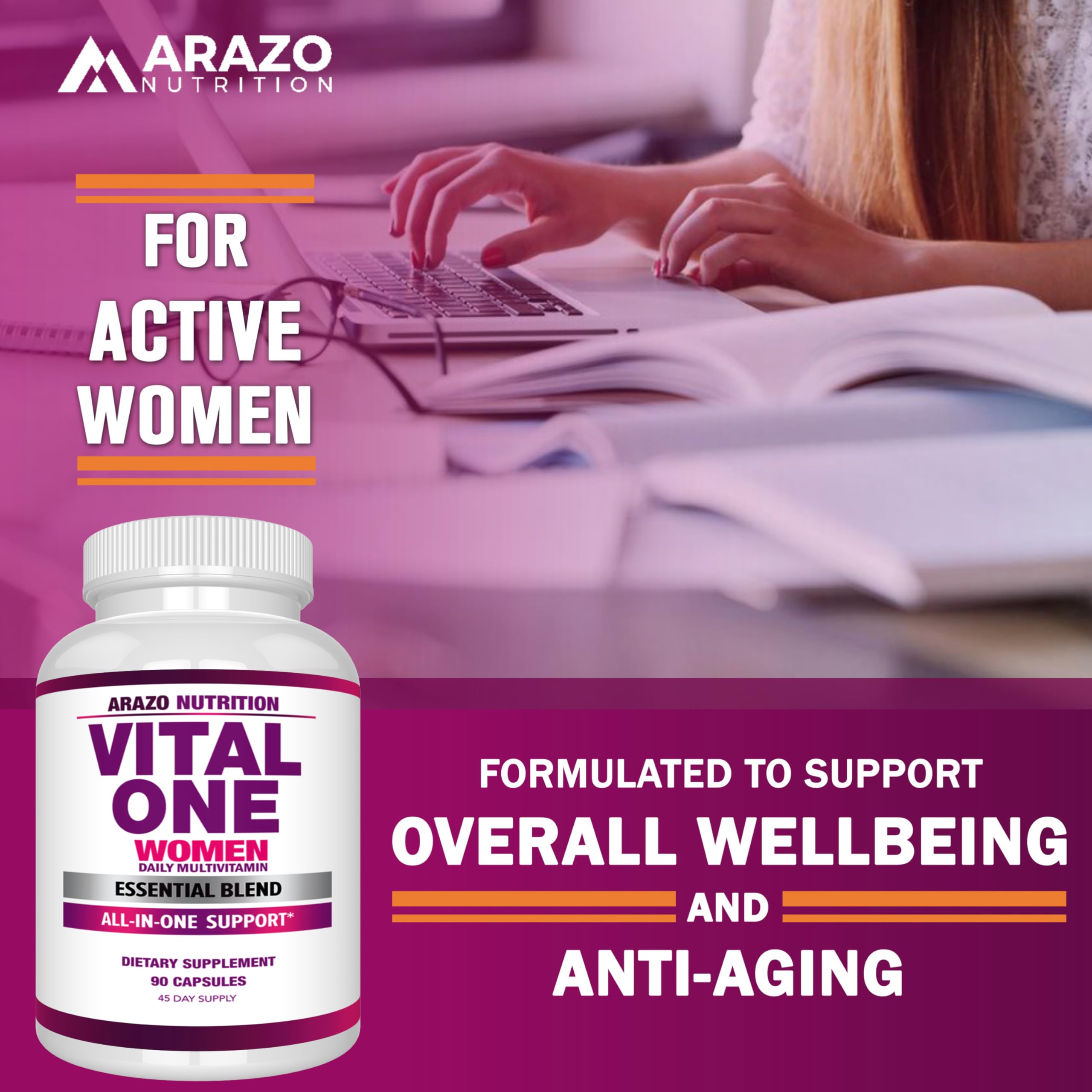 Arazo Nutrition Vital One Multivitamin for Women - Daily Wholefood Supplement - 90 Vegan Capsules