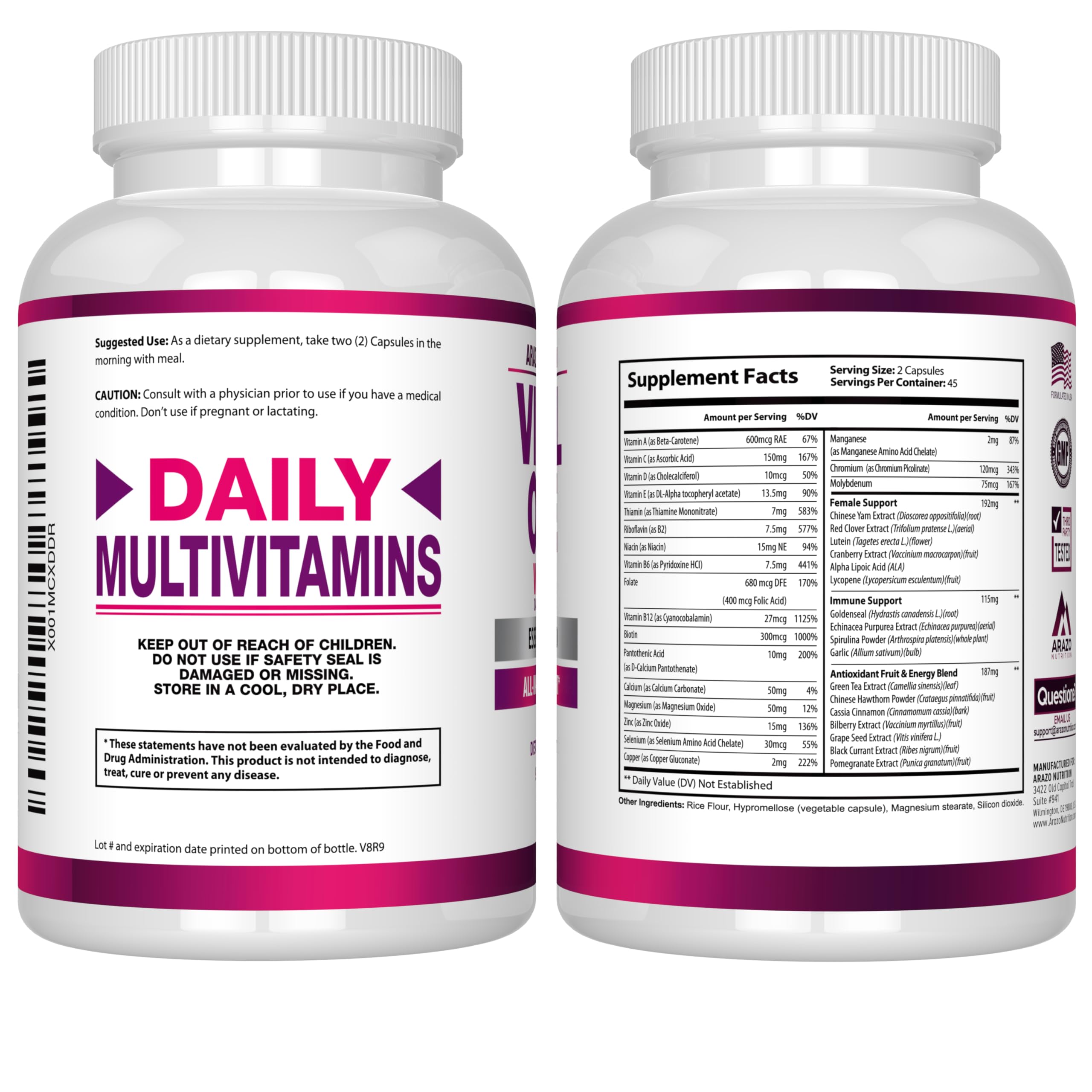 Arazo Nutrition Vital One Multivitamin for Women - Daily Wholefood Supplement - 90 Vegan Capsules