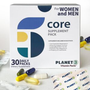 planet 3 vitamin packs, energy, immune & heart support with multivitamin, vitamin d, probiotics, biotin, b12, omega 3, lutein - daily vitamins for both men & women, core supplements, 30 daily packs