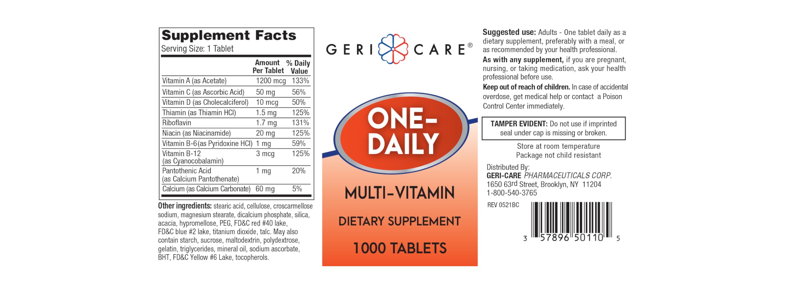 GeriCare Multivitamin Supplement Tablets, (Bottle of 1000)