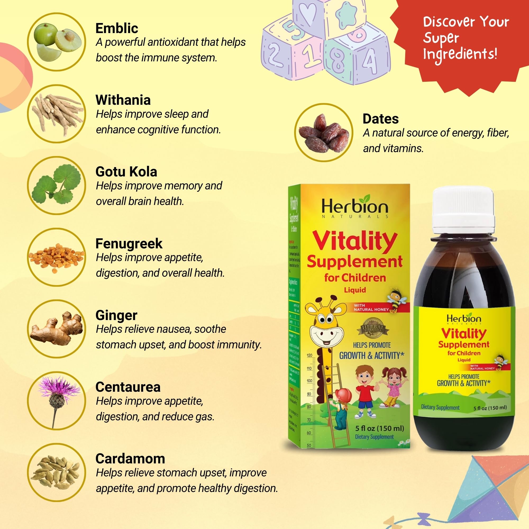 Herbion Naturals Vitality Supplement Syrup for Children, Promotes Growth and Appetite, Relieves Fatigue, Improves Mental and Physical Performance, Boosts Energy, 5 FL Oz - For Kids of 1 Year and Above