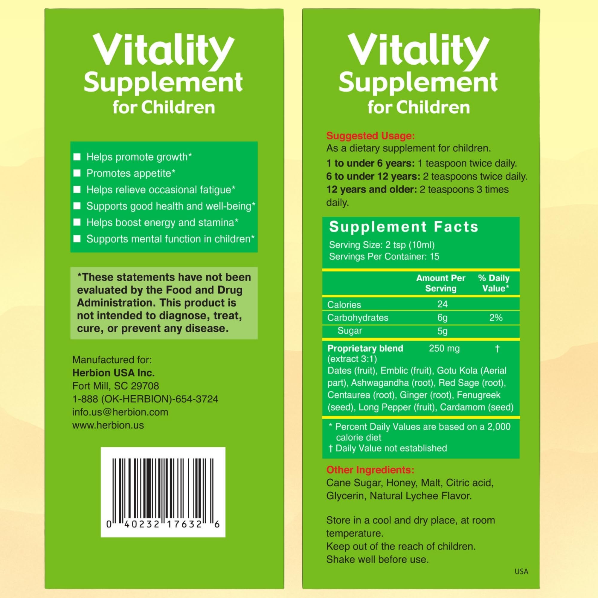 Herbion Naturals Vitality Supplement Syrup for Children, Promotes Growth and Appetite, Relieves Fatigue, Improves Mental and Physical Performance, Boosts Energy, 5 FL Oz - For Kids of 1 Year and Above