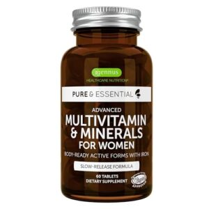 advanced women's multivitamin, methylated folate for mthfr, clean label & vegan, with iron, non-gmo, sustained release, 60 tablets, by igennus