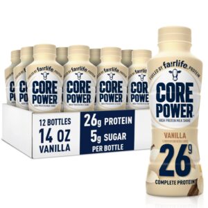 core power fairlife 26g protein milk shakes, ready to drink for workout recovery liquid, vanilla, 14 fl oz bottle, kosher (pack of 12)