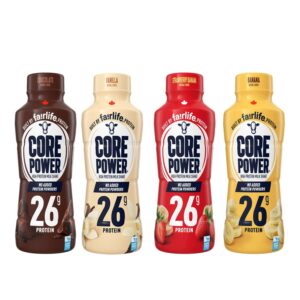 fairlife core power 26g protein milk shakes variety pack (pack of 4), chocolate, vanilla, strawberrry banana, banana, made with canadian milk, 414ml/14 fl. oz. (shipped from canada)