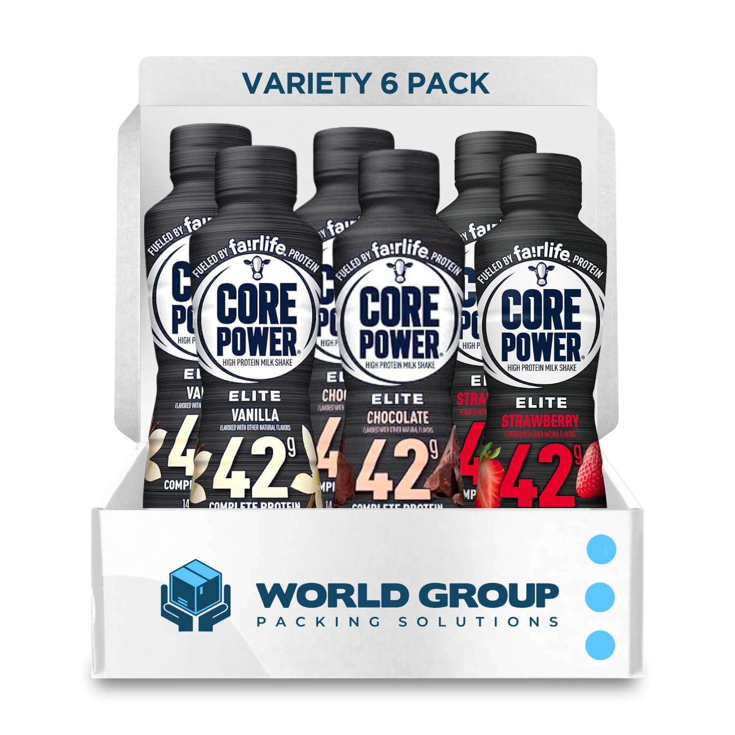 World Group Packing Solutions Fairlife Core Power Elite 42g High Protein Milk Shakes Variety 6 Pack - Vanilla, Chocolate, Strawberry - Ready to Drink for Workout Recovery, 14 Fl Oz