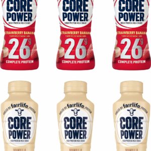 Fairlife Core Power High Protein Milk Shake, Natural Flavor Ready to Drink Protein Shake, The best Strawberry Protein Shakes, 14 fl oz , 26gm (Strawberry Banana/ Vanilla flavor, Pack of 6 Bottles) protein, beverages, strawberries,