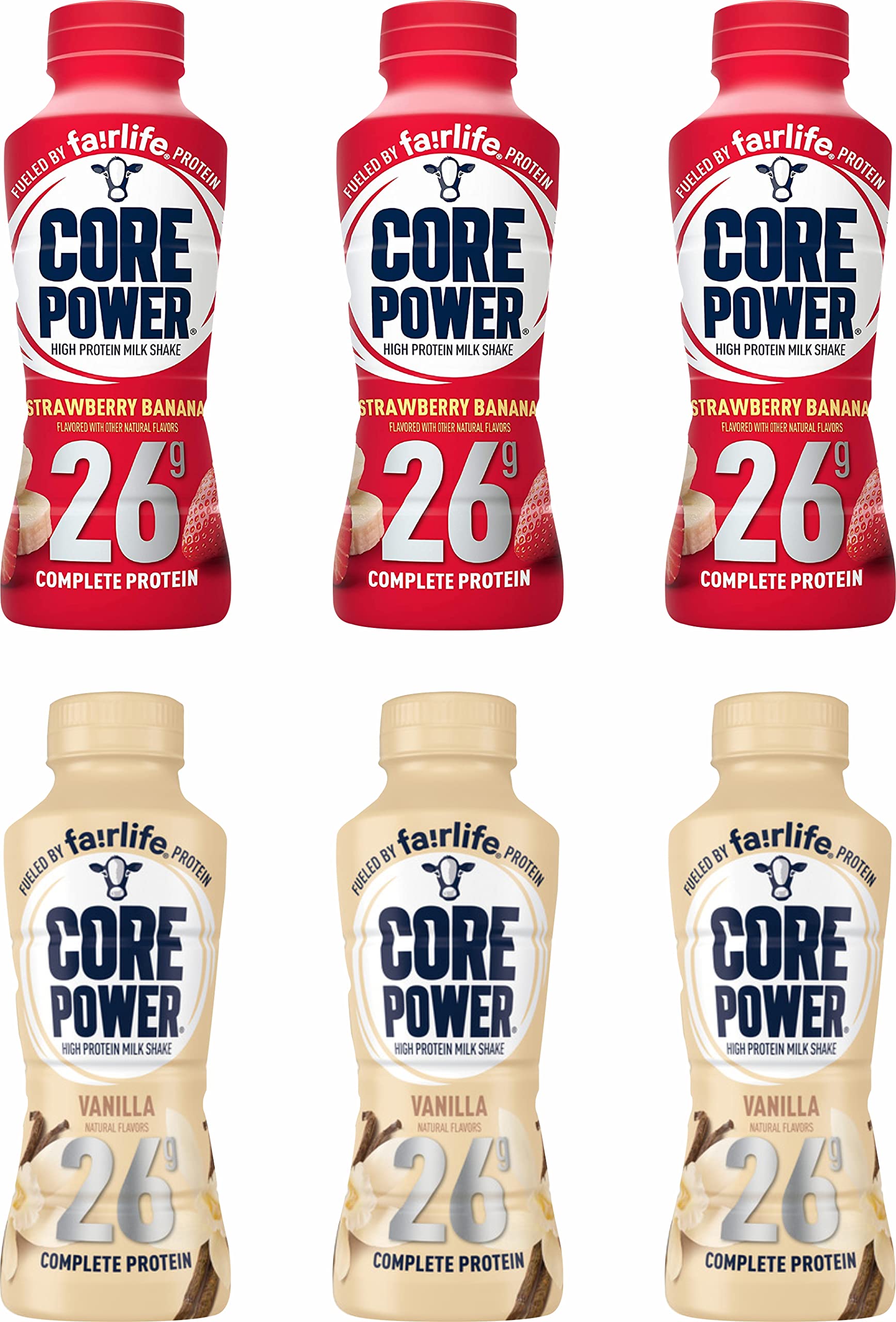 Fairlife Core Power High Protein Milk Shake, Natural Flavor Ready to Drink Protein Shake, The best Strawberry Protein Shakes, 14 fl oz , 26gm (Strawberry Banana/ Vanilla flavor, Pack of 6 Bottles) protein, beverages, strawberries,