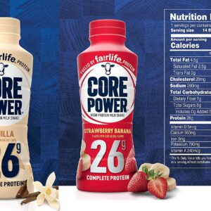 Fairlife Core Power High Protein Milk Shake, Natural Flavor Ready to Drink Protein Shake, The best Strawberry Protein Shakes, 14 fl oz , 26gm (Strawberry Banana/ Vanilla flavor, Pack of 6 Bottles) protein, beverages, strawberries,