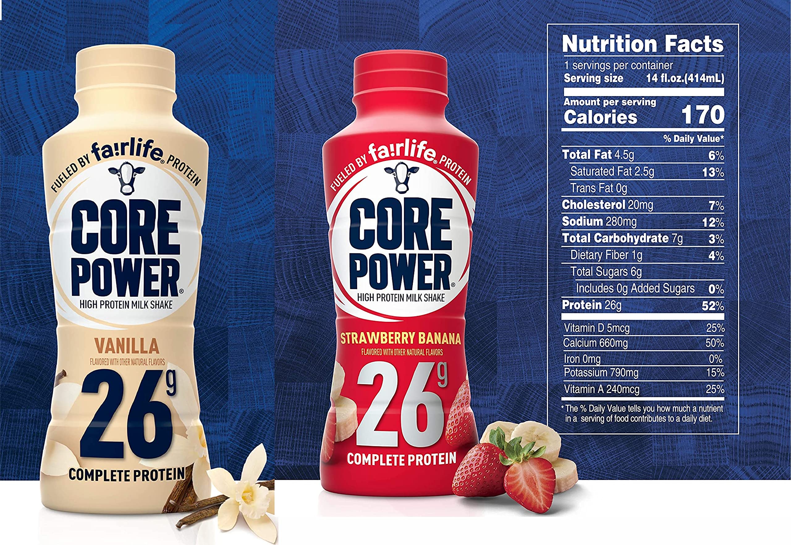 Fairlife Core Power High Protein Milk Shake, Natural Flavor Ready to Drink Protein Shake, The best Strawberry Protein Shakes, 14 fl oz , 26gm (Strawberry Banana/ Vanilla flavor, Pack of 6 Bottles) protein, beverages, strawberries,