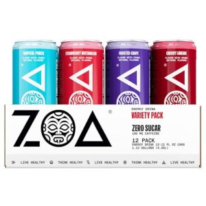 zoa zero sugar energy drinks, variety pack - sugar free with electrolytes, healthy vitamin c, amino acids, essential b-vitamins, and caffeine from green tea - 12 fl oz (12-pack)