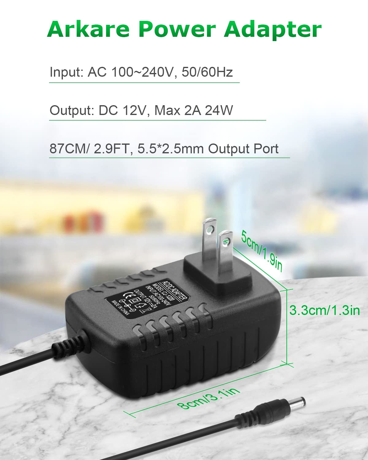 Arkare 12V Power Supply 2A AC/DC Adapter 12Volt Wall Charger Replacement Power Cord AC 100V-240V to DC 12Volt 2A 1.5A 1A Converter for Security Camera BT Speaker GPS Webcam Router Scanner with 10TIPS