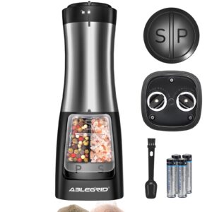 ablegrid electric salt and pepper grinder 2 in 1 battery powered, automatic pepper mill & salt grinder refillable, one-handed operation, adjustable coarseness, 2-button control, ceramic grinding core