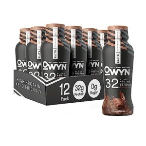 owyn only what you need pro elite vegan high protein keto shake, 32g protein, 9 amino acids, omega-3, prebiotics, superfoods greens for workout and recovery, 0g net carbs, zero sugar, chocolate, 12 fl oz (pack of 12)