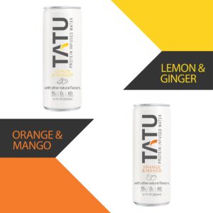 TATU Ready-To-Drink Protein Infused Water Lemon Ginger 24 Pack. 15 grams of whey protein isolate, 0 grams of sugar, only 60 calories. Lemon Ginger and Orange Mango. Gluten Free, lactose free.