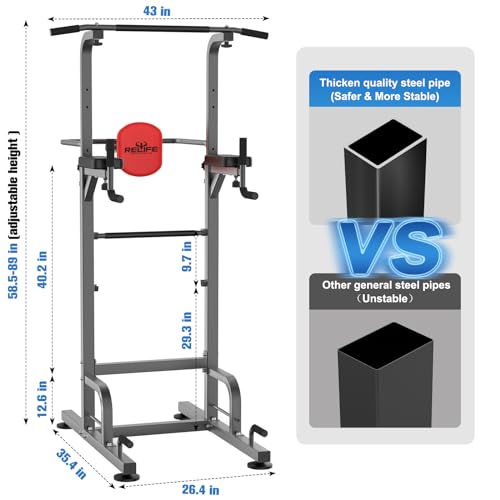 RELIFE REBUILD YOUR LIFE Power Tower Pull Up Bar Station Workout Dip Station for Home Gym Strength Training Fitness Equipment Newer Version.